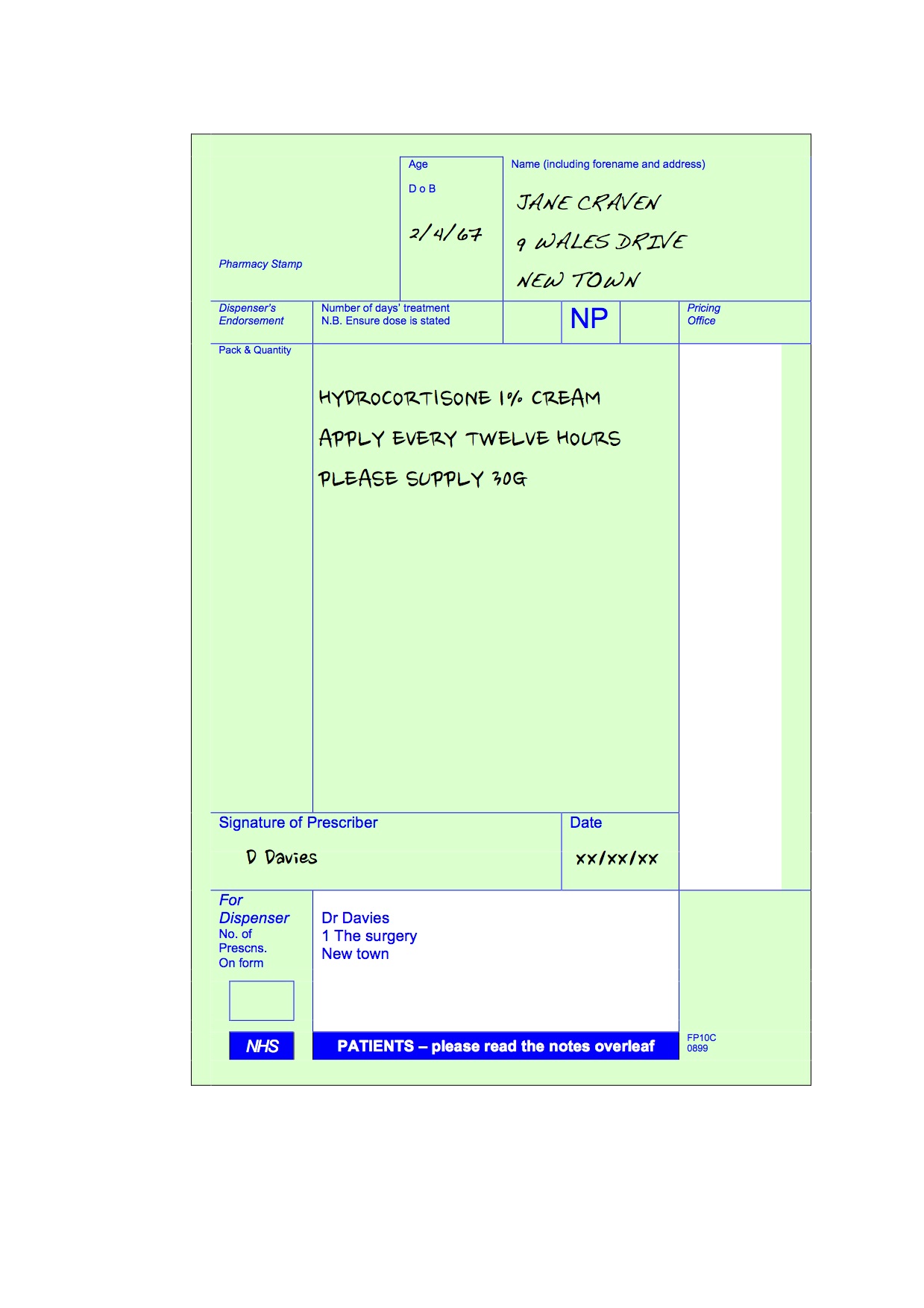 Completion Of An FP10 Prescription Examples